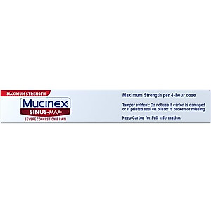 Mucinex Sinus Max Severe Congestion & Pain Relief, Maximum Strength Nasal & Sinus Relief, Decongestant for Adults, Acetaminophen Pain Reliever, Guaifenesin Expectorant and Mucus Removal, 20 Caplets
