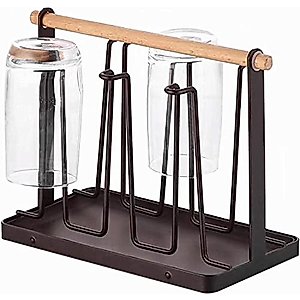 PENGQIMM 6 Cups Mug Glass Stand Holder Metal,Cup Drying Rack Stand with Drain Tray,Cup Hanging Drainer Upside-Down,Metal Bottle Drying Organizer with Handle Cup Drying Holder Stand,Bottle Drying Rack