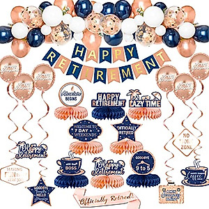 YSHMFEUX Retirement Party Decorations for Women, Navy Blue Rose Gold Retirement Party Supplies, Happy Retirement Banner, Retirement Party Centerpiece, Retirement Hanging Swirls Decorations for Women