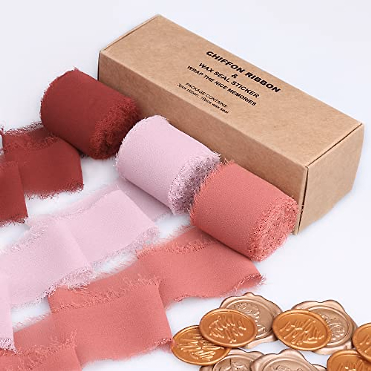 Furnizone Chiffon Silk Ribbon for Gift Wrapping, Pink Red Ribbon for Wedding Invitation Bouquet, 3 Rolls 1.5" Wide x 7 Yd Gift Wrapping Ribbon, with 10Pcs Wax Seal Stickers