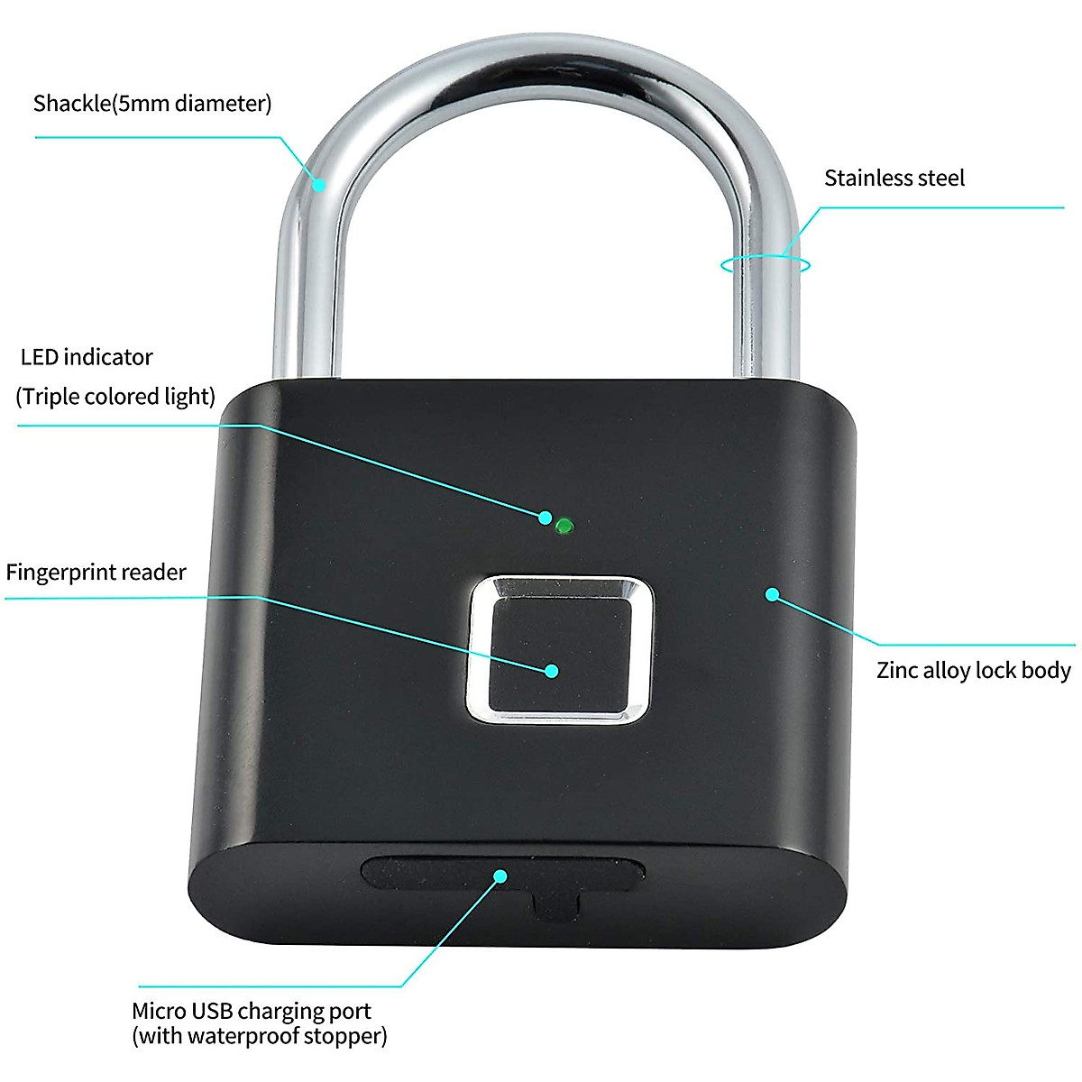 LANDYE Fingerprint Padlock, Smart Padlock, Waterproof Small Portable Padlock, Locker Lock, USB Rechargeable Smart Lock, Suitable for Lockers, Luggage, Gym, Backpacks, Bicycles (Black)