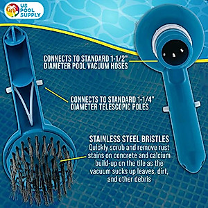 U.S. Pool Supply Corner Vacuum Head Brush with Stainless Steel Bristles, Adjustable Suction Ring - Scrub Remove Calcium Buildup, Rust Stains on Concrete Swimming - Sweep Debris Corners, Steps, Walls