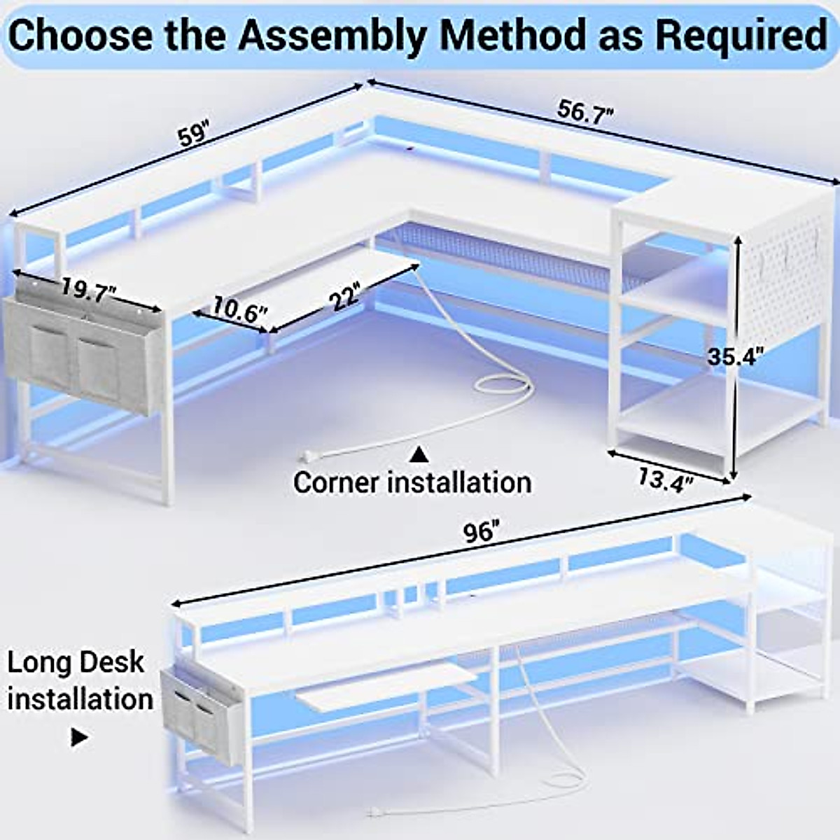 SEDETA L Shaped Gaming Desk, Reversible Home Office Desk or Corner Desk, Gaming Desk with Power Outlets & LED Strip, Monitor Shelf, Keyboard Tray, Pegboard and Storage Shelves, White