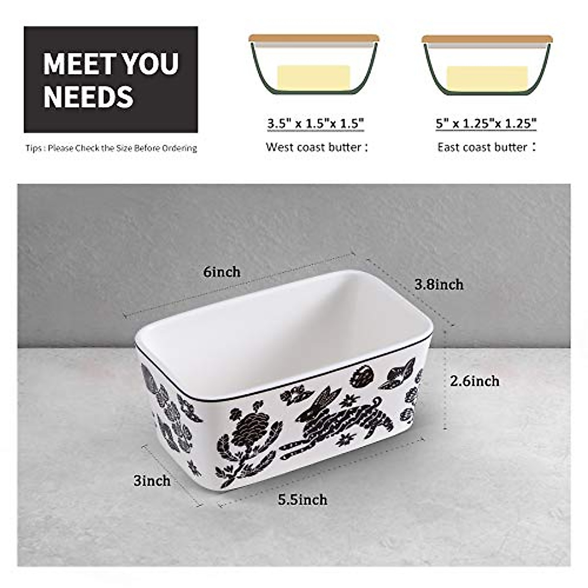 SIDUCAL Butter Dish 6” Butter Keeper with Lid Covered Butter Dish with Wooden Lid Airtight Holds Up to 2 Stick Of Eastern/West Coast Butter Ceramic Porcelain Butter Container Dishwasher Safe(Blck)