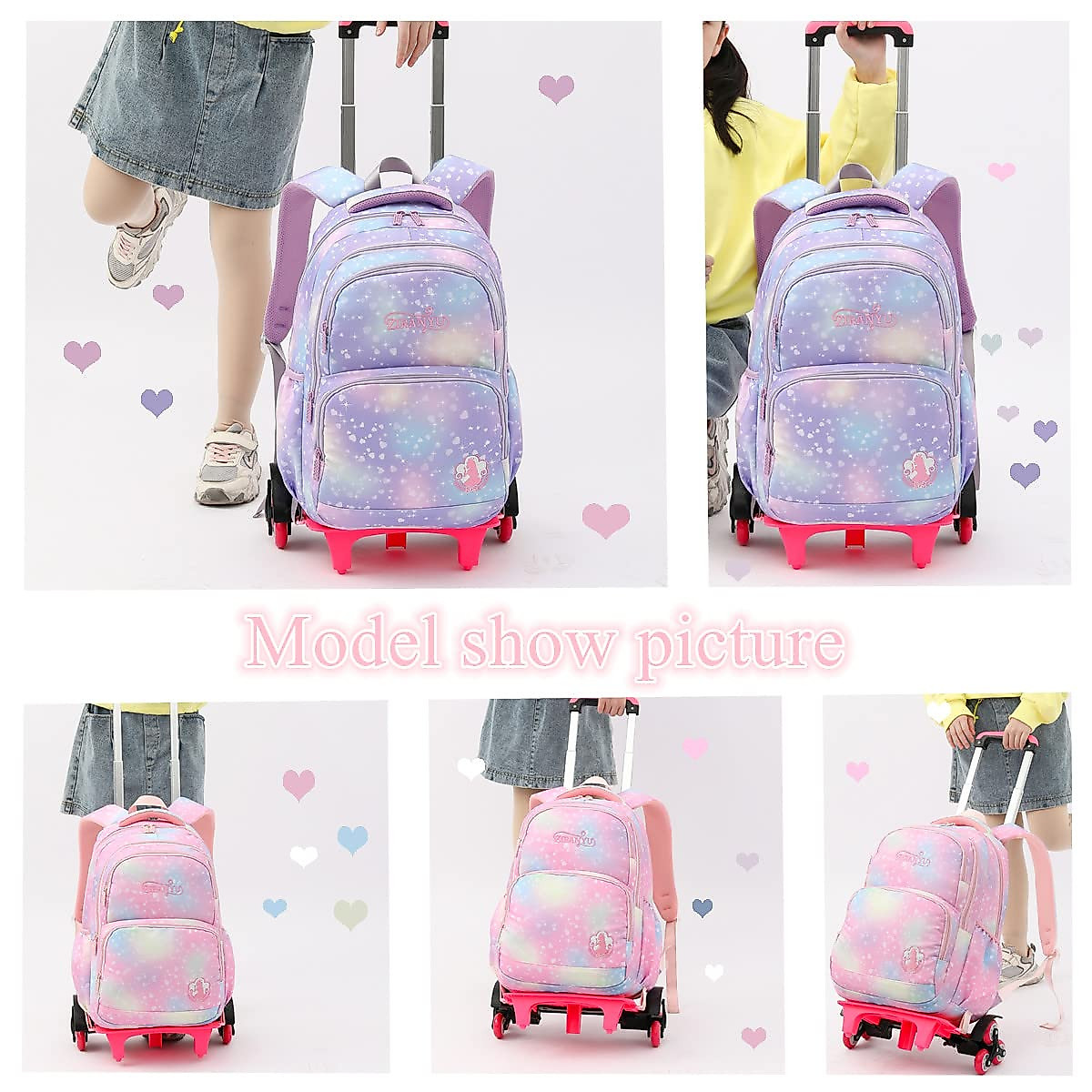 EKUIZAI Camouflage Print Elementary Trolley Backpack Primary School Rolling Daypack Carry-on Luggage BookBag with Wheels for Girls