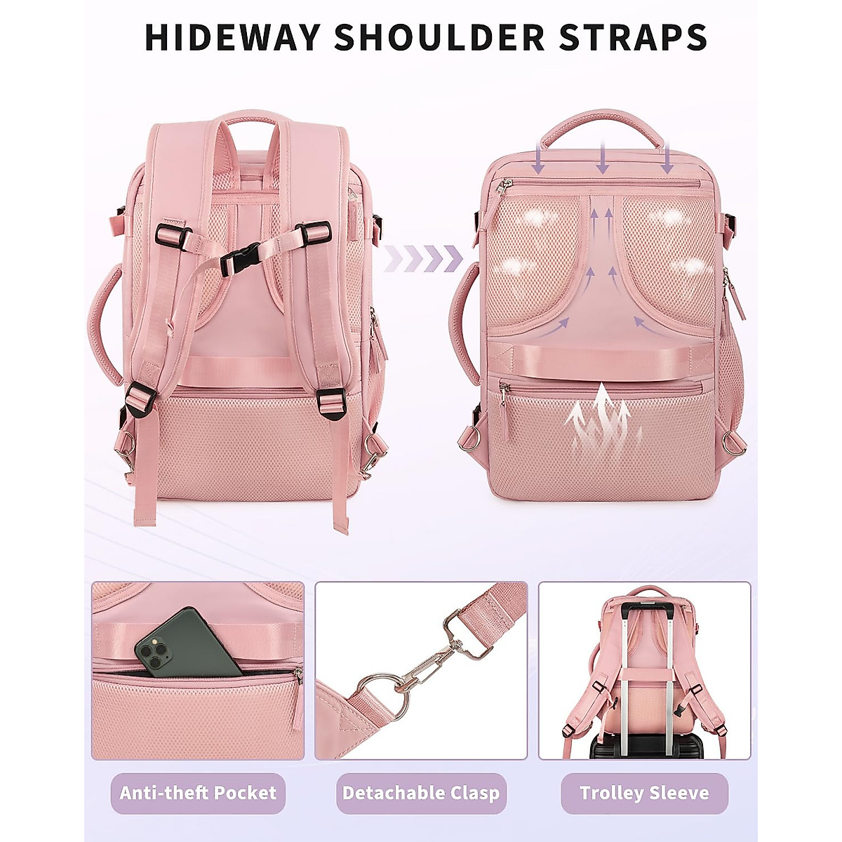 FALARK INC Travel Backpack For Women, 35L Carry On Backpack Flight Approved, Waterproof Personal Item Travel Bag Suitcase Backpack With USB Hole For Weekender, Traveling, Pink