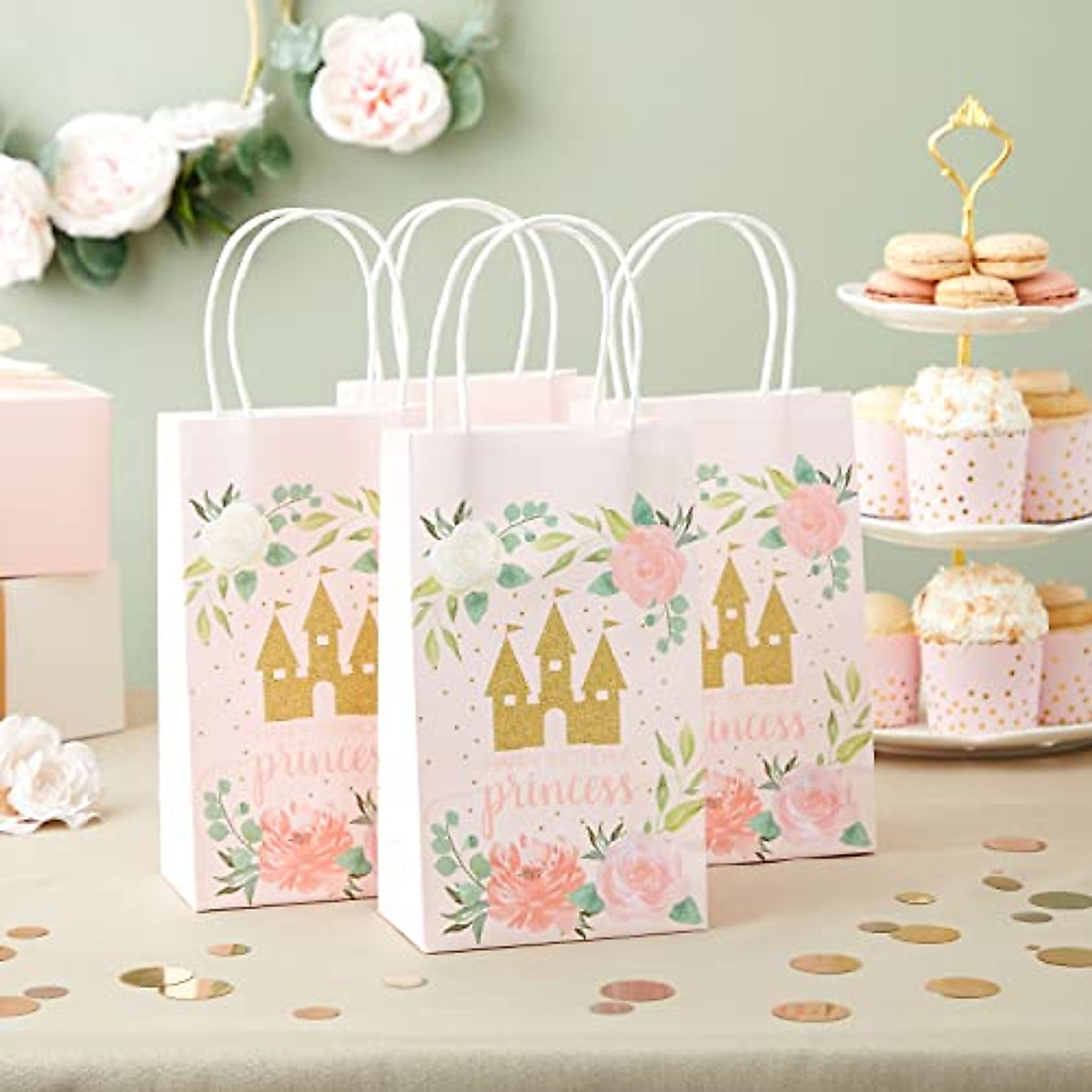 BLUE PANDA Pink Princess Castle Paper Birthday Party Gift Bags (9 x 5.3 in, 24 Piece)