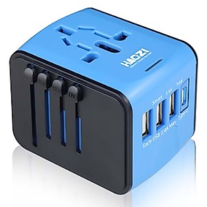 Travel Adapter, HAOZI Universal Travel Adapter - 3 USB + 1 Type C in One Travel Charger with UK/US/AUS/EU Plugs and Socket, International Power Adapter Wall Charger (Type-c Blue)