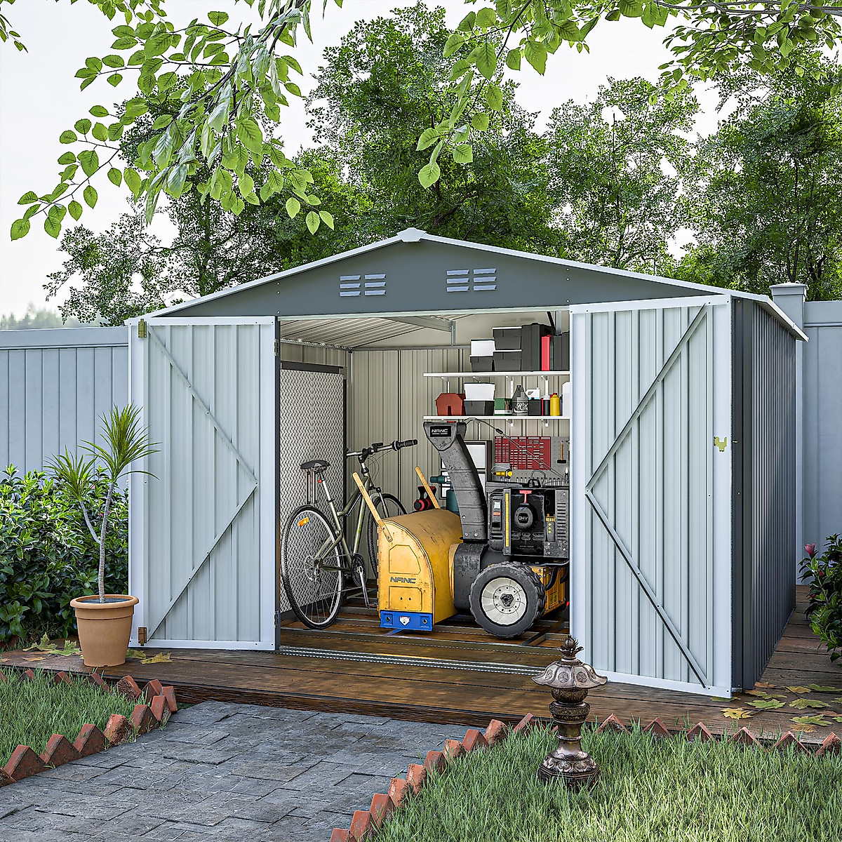 Evedy Outdoor Shed - 10 x 8 FT Storage Sheds Galvanized Metal Shed with Slide Door, Tool Storage Backyard Shed Bike Shed, Tiny House Garden Tool Storage Shed for Backyard Patio Lawn