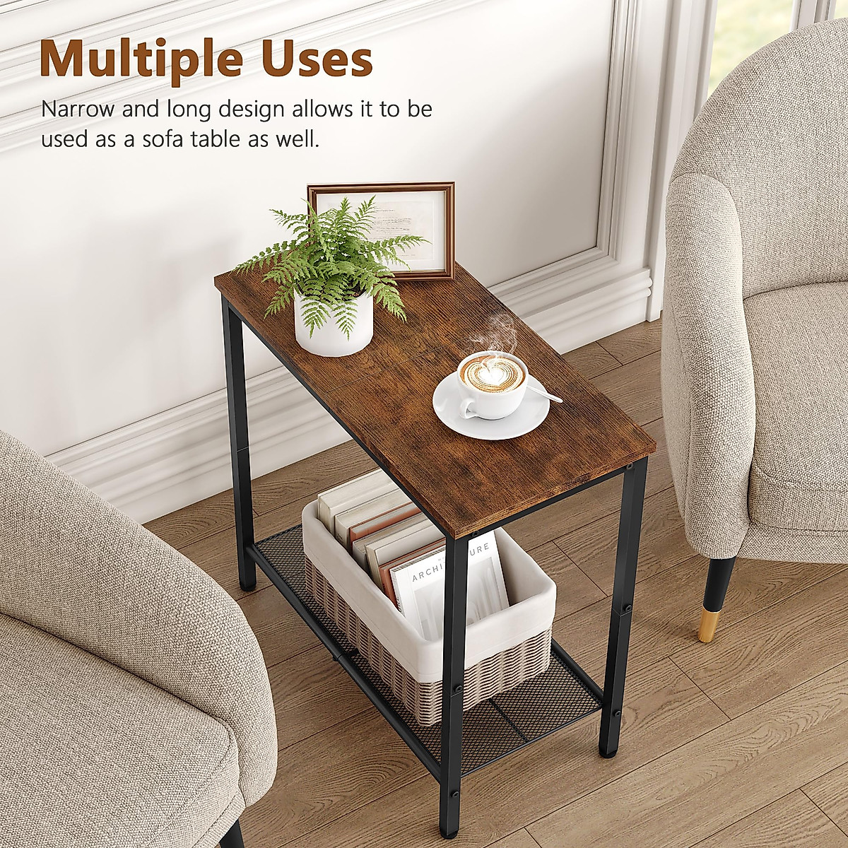 Hoctieon 2 Tier End Table, Sofa Side Table, Narrow Side Table with Storage, Slim Nightstand for Small Spaces, Metal Frame, for Living Room, Bedroom, Sofa Couch, Hall, Rustic Brown, 2 Set