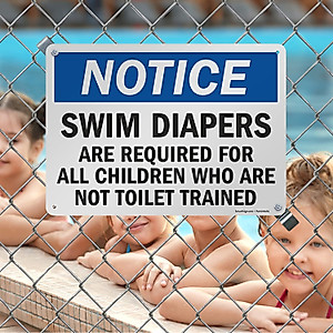 SmartSign 10 x 14 inch “Notice - Swim Diapers Are Required For All Children Who Are Not Toilet Trained” Sign, Digital Printing, 55 mil HDPE Plastic, Blue, Black and White, Made in USA