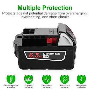 ANTRobut 2Pack 6.5Ah 18V Battery for Milwaukee M18 Battery and Charger Compatible with Milwaukee 48-11-1852 48-11-1850 48-11-1862 48-11-1865 M18 Batteries