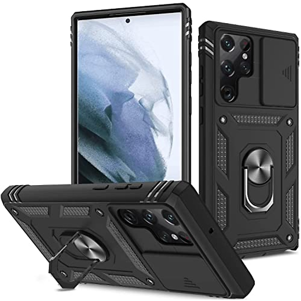 Multipurpose case for Samsung Galaxy S22 Ultra 6.8 inches Case with Slide Lens Cover, Shockproof with Built-in 360° Rotate Kickstand Magnetic Protective Case (Black)