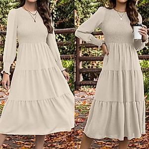 ZOOMOON Women’s Smocked Puff Sleeve Dress 2025 Fall Winter Crewneck Tiered Midi Flowy Dresses(Beige,XL)