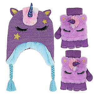 Kids Girls Cute Glitter Unicorn Beanie Winter Hat and Glove Set Knitted Earflap Cap Flip Top Mitten Set Purple