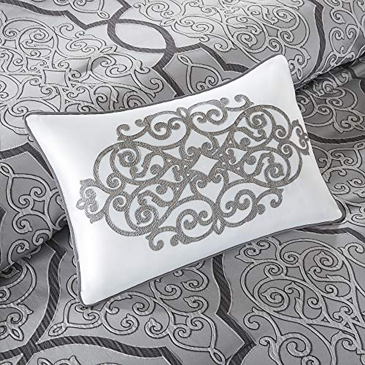 Madison Park Lavine Cozy Bed in a Bag Comforter Set, Traditional Luxe Jacquard Design All Season Down Alternative Bedding with Cotton Bed Sheets, Bed Skirt & Pillows, Queen Silver 12 Piece