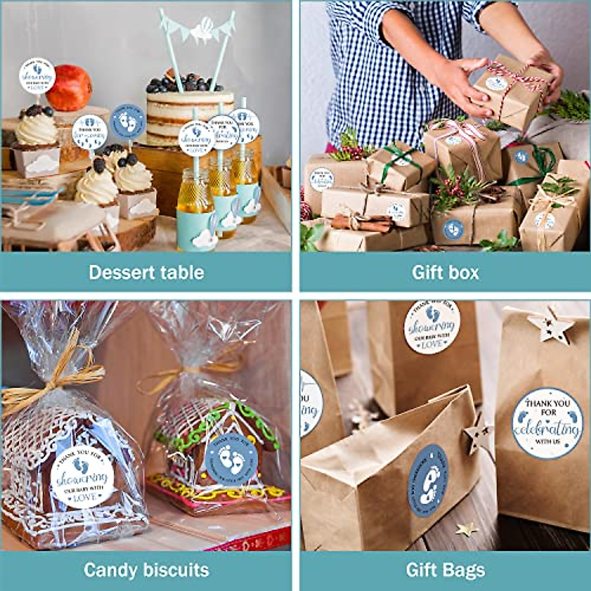 80 Pieces Cute Blue Feet Thank You Stickers, Baby Shower Birthday Party Decorate Boy Footprint Party Gift Wrap Bag Label Decorations, 4 Design Stickers