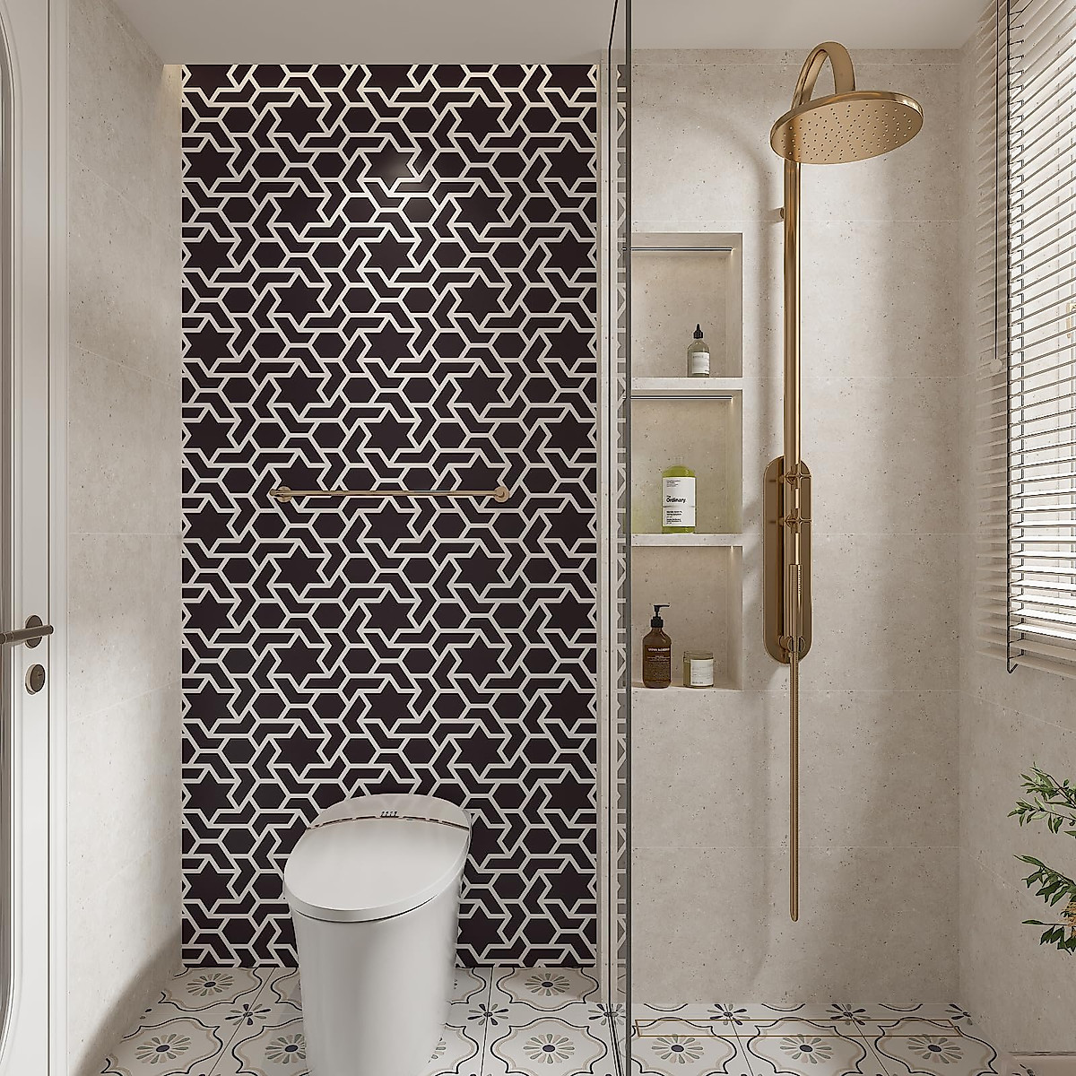 CHIHUT Black and White Peel and Stick Wallpaper Black Textured Wallpaper Hexagonal Stars Geometric Contact Paper for Cabinets Removable Self Adhesive Vinyl Wallpaper for Bedroom Walls 17.7”x100”