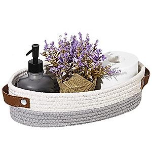 Lewondr Woven Storage Basket with Leather Handles, Small Cotton Rope Basket for Toilet Tank Top, Farmhouse Decor Basket for Bathroom Bedroom Laundry Countertop Storage Paper Towel Toy, White + Gray