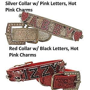 Bling Stuff For Fun, Personalized Customized PU Leather Glitter Rhinestone Bling Name Collar for Dogs & Puppies, S, M, L