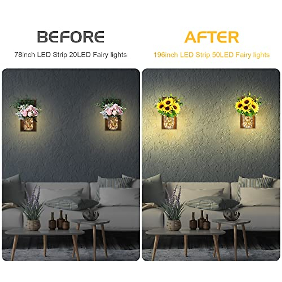 EuroBird Mason Jar Sconces Rustic Wall Sconces Handmade Hanging Wall Decor with Remote Control 5M LED Fairy Lights for Farmhouse, Kitchen, Living Room, Home Wall Decorations Set of Two (Yellow)