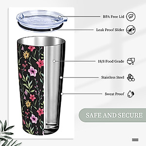 JASROTAO Beautiful Colorful Flowers Tumbler, Black Floral 20oz Stainless Steel Insulated Travel Tumbler,Travel Coffee Mug with Lid and Straw Cups Gifts for Women Men