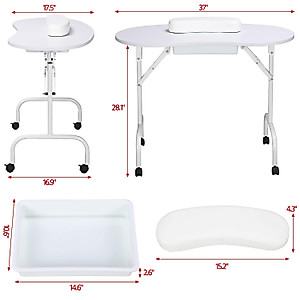 Yaheetech 37-inch Portable & Foldable Manicure Table Nail Desk Workstation with Large Drawer/Client Wrist Pad/Controllable Wheels/Carrying Case for Spa Beauty Salon White, 1 Count (Pack of 1)