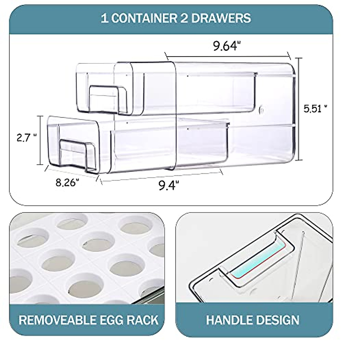 YouLike 1pack Stackable Refrigerator Organizer Drawer for Kitchen Clear Plastic Storage Bins 2-tiers Containers With Removeable Egg Racks 32grids Egg Holder Cabinet Office Pantry Pull Out Bins