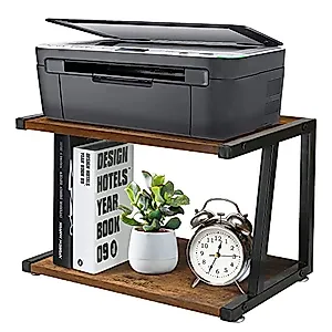 DORAMII Rustic Wood Printer Stand and Desktop Organizer, Desktop Printer Storage with Shelf, 2-Tier Wood Home and Office Printer Rack, Desktop Printer Stand with Metal Frame