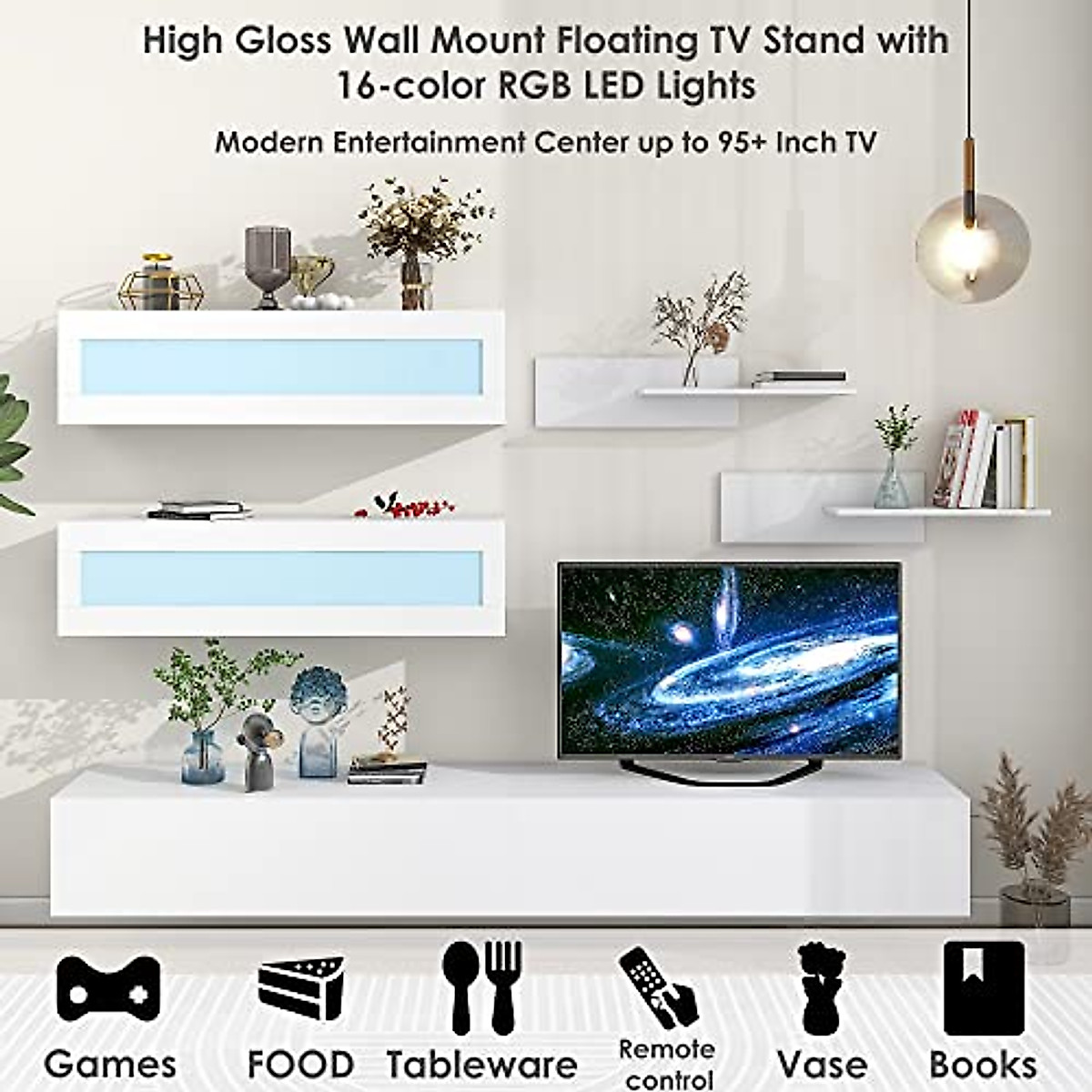 Merax Wall Mount Floating TV Stand with Four Media Storage Cabinets and Two Shelves, Modern High Gloss Entertainment Center for 95+ Inch Television, 16-Color RGB LED Lights for Living Room, White