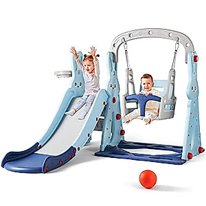 JOYLDIAS 4 in 1 Toddler Slide and Swing Set, Kid Climber Slide Playset w/Safety Belt, Basketball Hoop & Ball, Extra Long Slide, Children Toy Game for Indoor Outdoor Playground Backyard (Blue Rabbit)