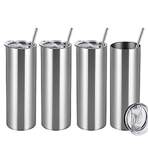 Wzaytia 30 Oz Straight Skinny Tumbler Set, 4 Pack Stainless Steel Slim Tumbler 30 Oz Skinny with Lid and Straw, Insulated Skinny Slim Water Tumbler for Diy, Silver