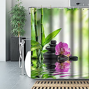 Yeele Meditation Shower Curtain, Purple Flower on Black Basalt Zen Stones Spa Bamboo Reflection in Water Waterproof Polyester Spa Bath Curtain for Bathroom Decor 59.1x70.9inches