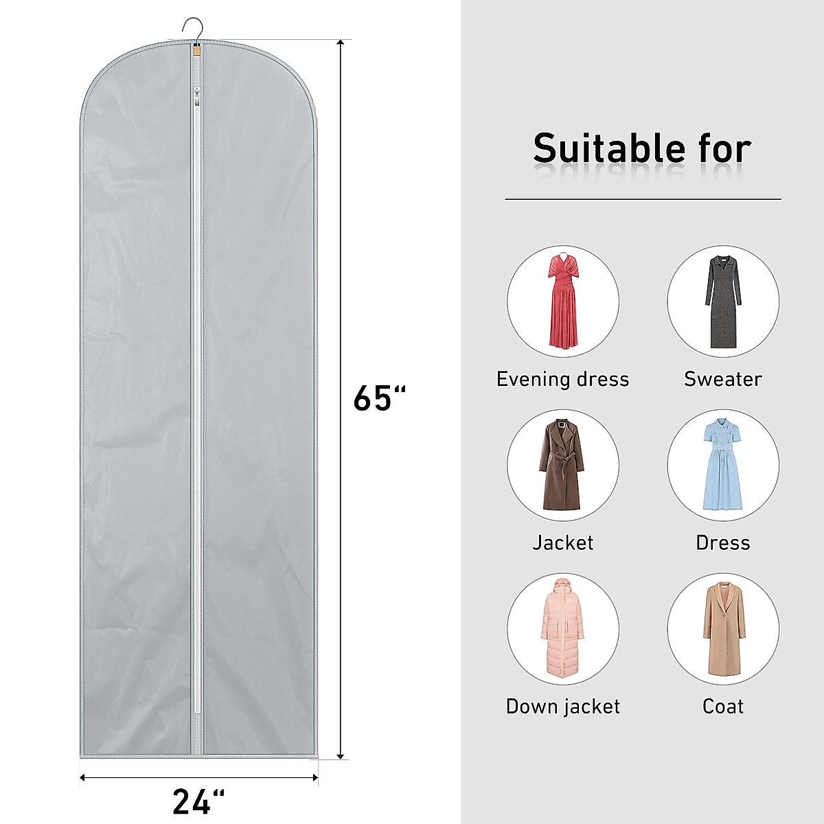 Shenehsmp 10 Pack Dress Bags for Gowns Long, 65'' Garment Bags for Hanging Clothes, Dress Garment Bag, Clear Foldable Long Dress Bag for Closet Storage and Travel, Gray