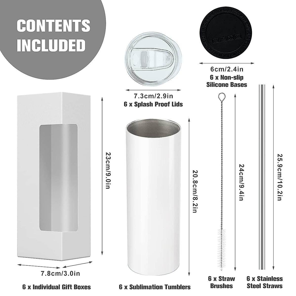 BetterSub 6 Pack 20 oz White Modern Insulated Stainless Steel Sublimation Tumblers with Lid, Straw, Brush, Display Box