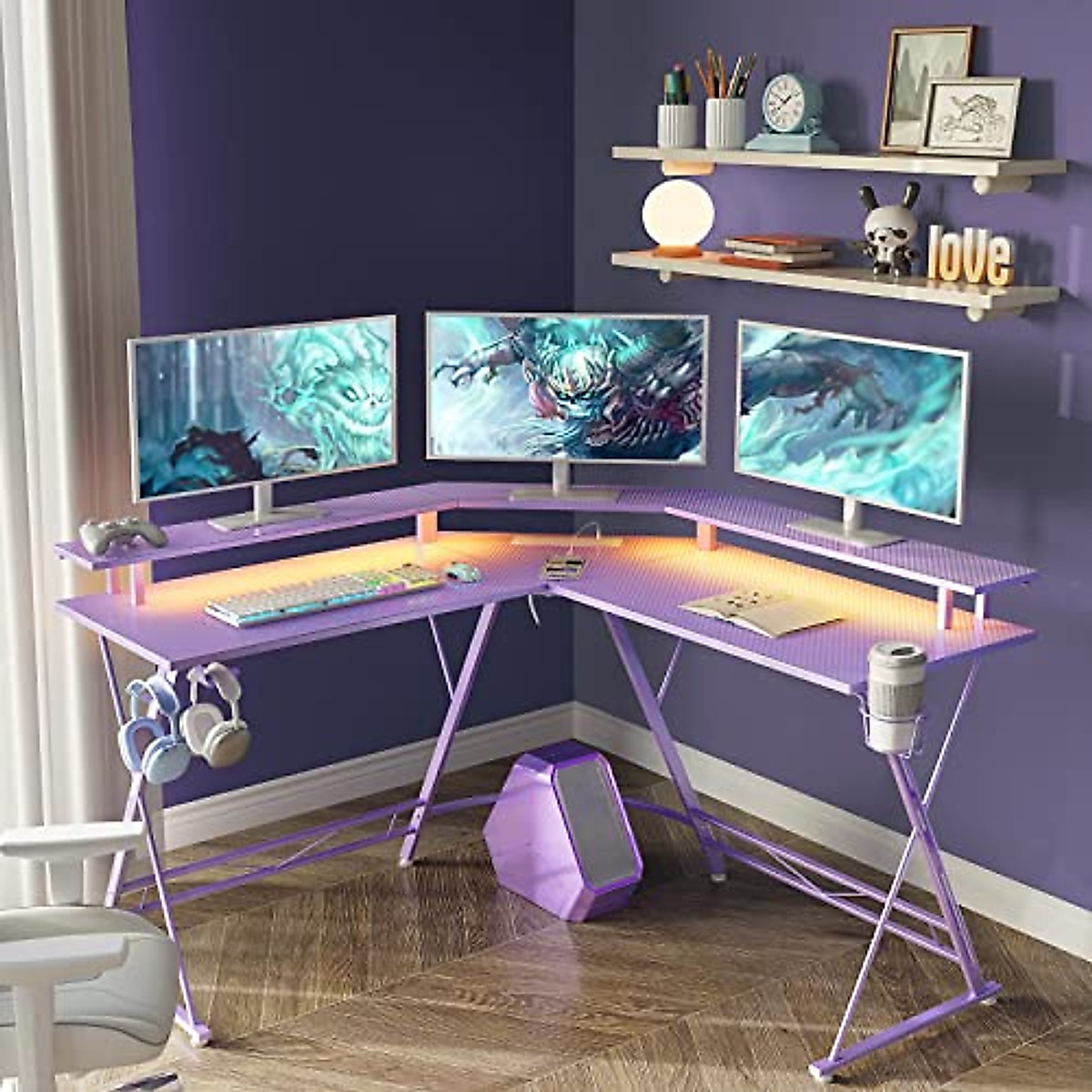 SEVEN WARRIOR Gaming Desk 50.4” with LED Light & Power Outlets, L-Shaped Gaming Desk Carbon Fiber Surface with Monitor Stand, Ergonomic Gamer Table with Cup Holder, Headphone Hook, Purple