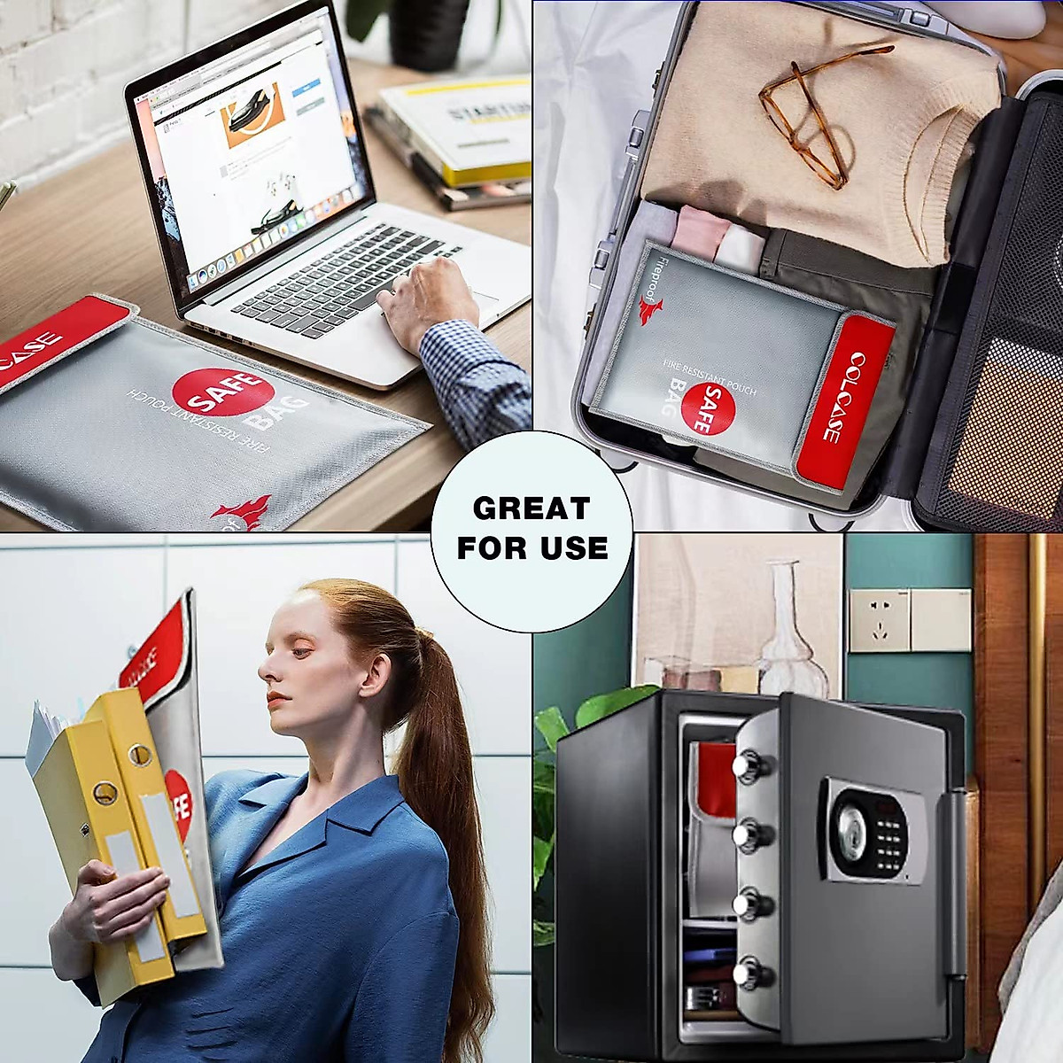 COLCASE Upgraded 2 Pockets Fireproof Document Bag (2000 ℉ )15 x 11 Inches Silicone Coated Fireproof and Waterproof Money Bag Fireproof Safe Storage for Money , Documents , Jewelry and Passport