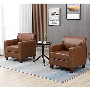 ANOUR Mid Century Modern Accent Chairs,Faux Leather Living Room Chairs with Wooden Legs,Single Sofa Chairs,Upholstered Arm Chairs for Living Room,Bedroom-Brown