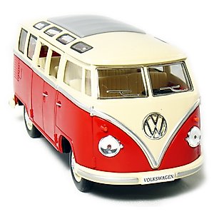 KINGSMART 1962 Volkswagen Classic Hippy Bus 7" 1:24Scale Red Die Cast Metal Model Toy Pull Back Action Car