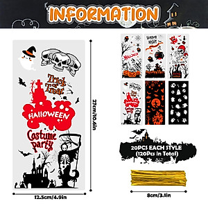 JMANNI Halloween Cellophane Treat Bags, 120pcs Halloween Plastic Clear Candy Bags, Candy Bags Bats Pumpkin and Spider Halloween Goody Bags with Twist Ties for Kids Trick or Treat, Halloween Party