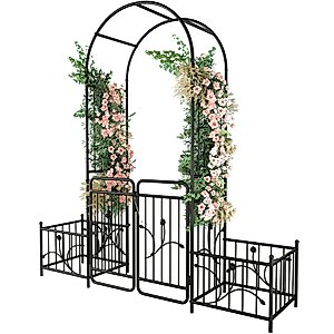 YITAHOME 87IN Garden Arbor with Gate, Metal Garden Arch with Side Planters, Arch Trellis for Garden