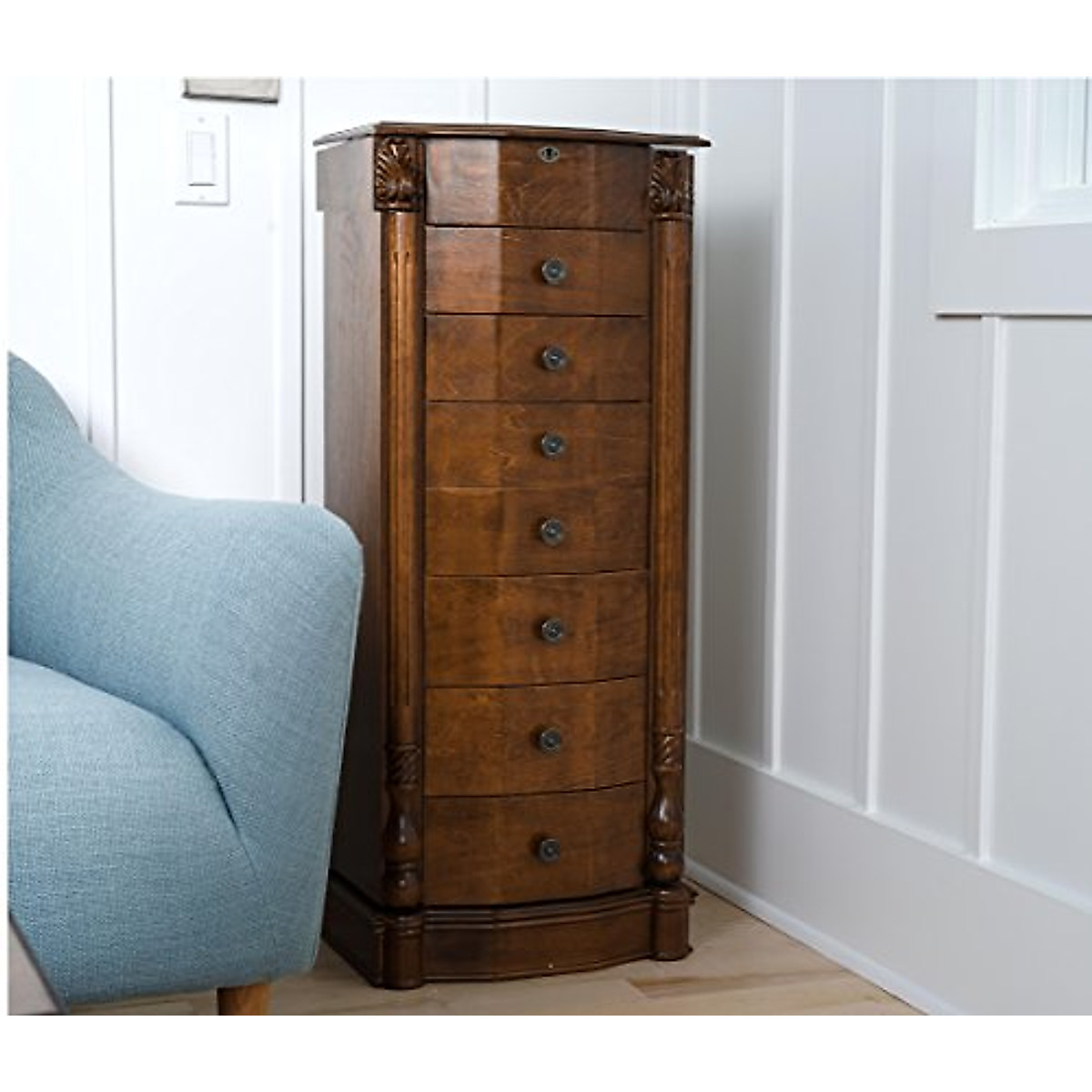 Hives and Honey Annette Standing Jewelry Armoire, Locking Jewelry Cabinet, 7 Drawers, Necklace Hooks, Mirror, Secure Storage, Dual-Sided Doors, Handcrafted Antique Finish, Elegant Organizer, Walnut