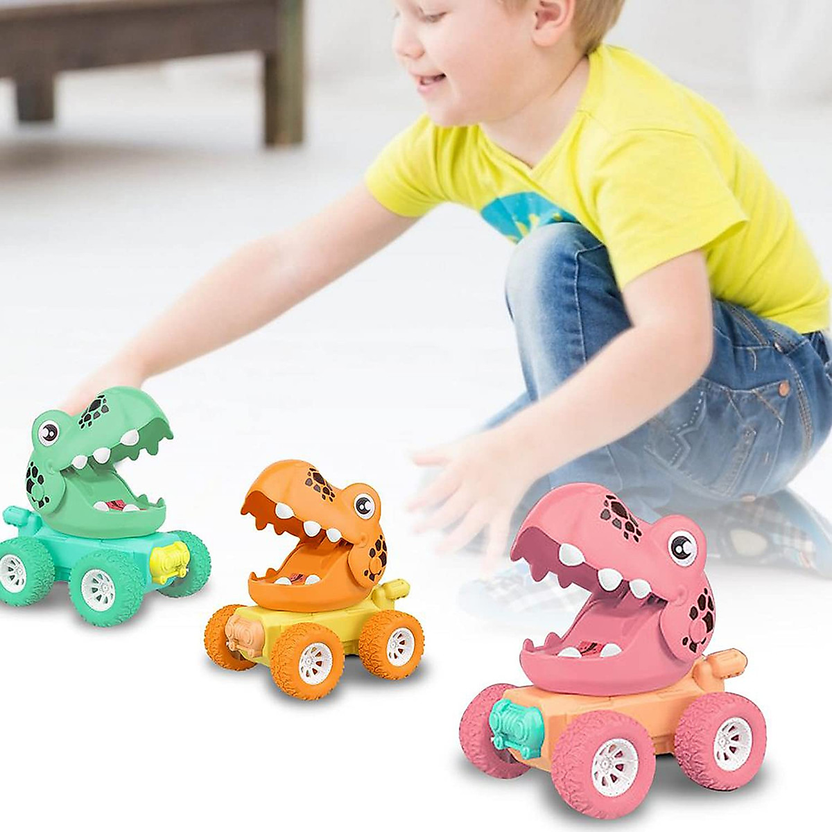 WedFeir Dinosaur Pull Back Cars Set of 3, Flashing Lights and Dino Roar Music Toys Dinosaur Toys for 3 Year Old Boy, Dinosaurs Pull Back Cars, Monster Trucks for Kids, Bithday Gifts for 3+ Years Old.