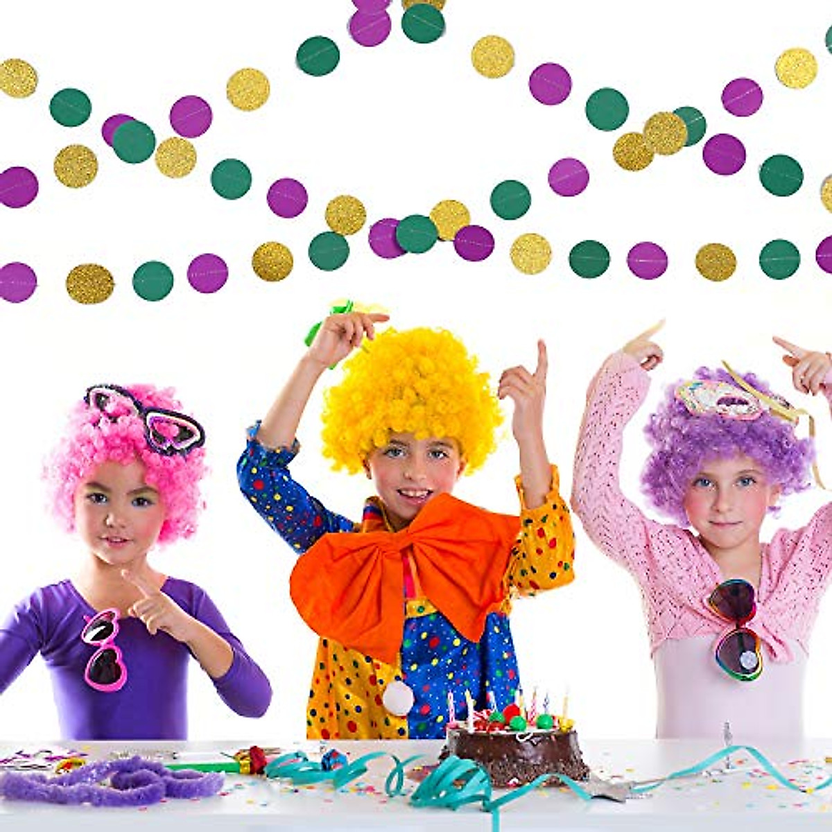 10 Pack Mardi Gras Paper Garland Glitter Circle Dot Hanging Party Garland Paper Banner Decor for Carnival Winter Xmas New Year Wedding Birthday Party Valentine Decor, 131 Feet (Gold, Purple, Green)