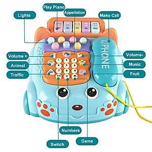 Chirldren Telephone Toy Cartoon Simulated Landline Smartphone Drag Function Call Play Piano Early Education Music Learn Hit Hamster Children Enlightenment Brain Toys Creative Gift for Kids Blue