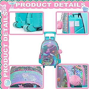 ZBAOGTW Mermaid Rolling Backpack for Girls with Lunch Box Kids Backpack with Wheels for School Sequin Rolling Backpack for Kindergarten Girls Trolley Trips Kids Luggage