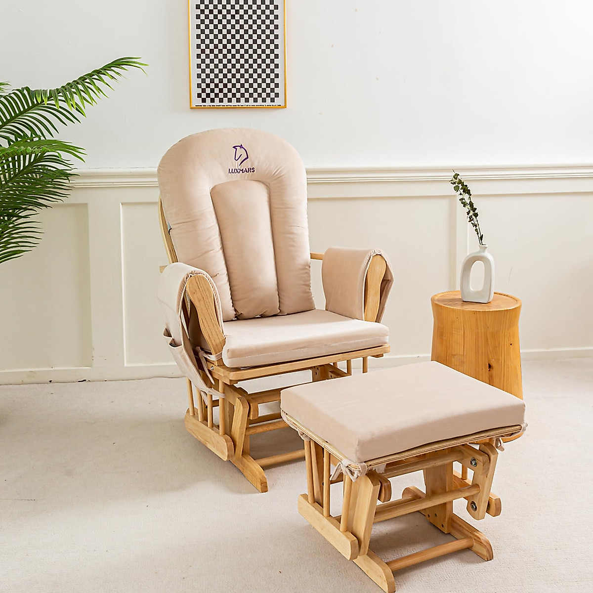 LUXMARS Glider Rocker Replacement Cushions with Storage, 5 PCS, Soft Velvet Cotton Thickened Washable, Universal for Glider Rocking Chairs Beige