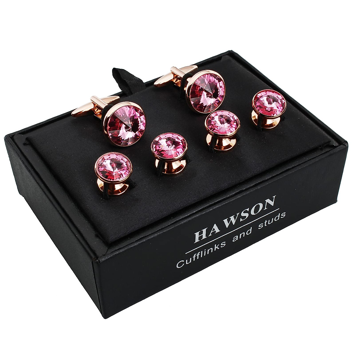 HAWSON Cufflink and Studs Tuxedo Set Silver Color with Austrian Crystals in Jet Hematite, Dark Blue, Crystal Grey,Purple, Green (Rose (Cufflinks with Studs)