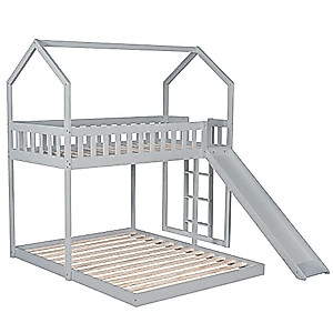 GLORHOME Twin Over Full House Bunk Bed， Detachable to Floor Bedframe and A Loftbed, with Slide, Built-in Ladder,Full-Length Guardrail for Kids Adults,Roof can be Decorated