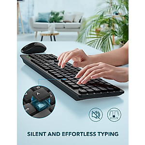 Wireless Keyboard and Mouse, WisFox USB Computer Keyboard with Silent Keys, Long Battery Life, 2.4GHz Full-Size Lag-Free Cordless Combo for PC Laptops Windows Mac Chrome OS (Black)